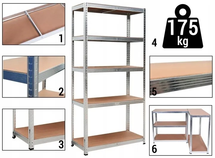 Stabilní kovový úložný regál s 5 policemi 180x90x40