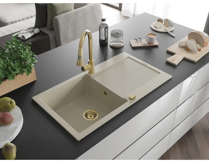 Mexen Leo, 1-komorový granitový dřez 900x500x190 mm a dřezová baterie Elia, béžová, 6501-69-670101-50