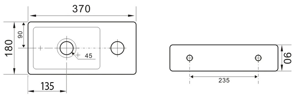 Sapho, ZOE keramické umyvadlo 37x18 cm, otvor pro baterii vpravo, černá matná, AR495B