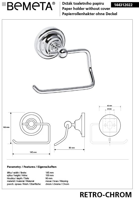Bemeta Design RETRO chrom: Držák toaletního papíru, bez krytu - 144312022