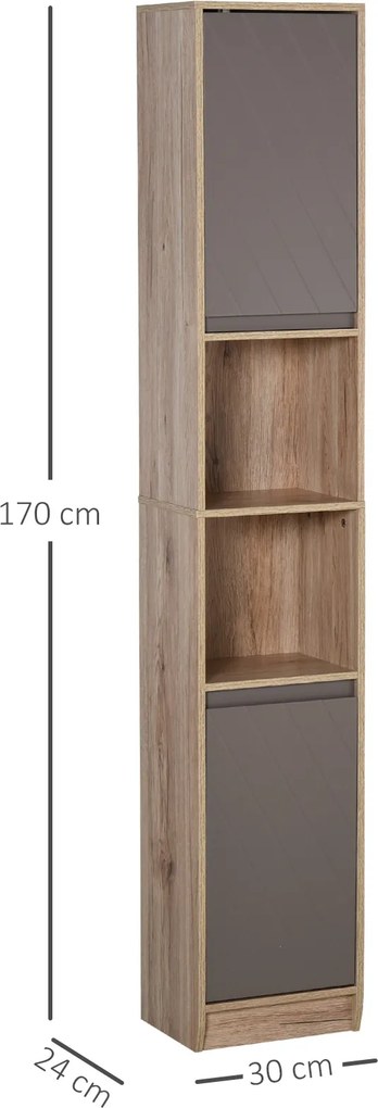 HOMCOM Vysoká koupelnová skříň s 2 dveřmi a 2 otevřenými policemi na úložný nábytek do obývacího pokoje nebo chodby 30x24x170 cm Dub a šedá