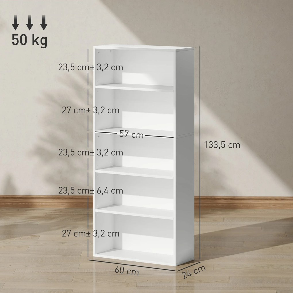 HOMCOM 5-patrová knihovna s 3 nastavitelnými policemi pro obývací pokoj, kancelář a ložnici 60x24x133,5 cm Bílá