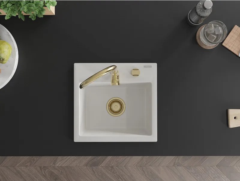 Mexen Milo, granitový dřez 435x410x171 mm, 1-komorový, bílá se zlatým sifonem, 6505441000-20-G