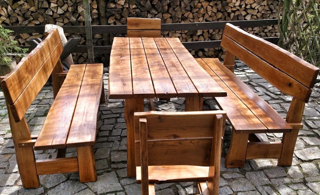 KULHÁNEK Zahradní dubová sestava - stůl, 2x lavice s opěradlem, 2x židle (rustikální provedení) Délka: 150 cm, Odstín nátěru: olej - palisandr