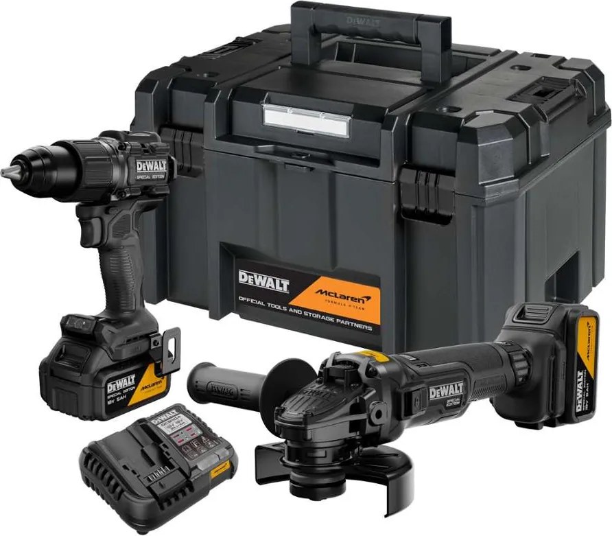 DeWALT - 18V AKU sada příklepové vrtačky a úhlové brusky, McLaren, 2x aku 5,0 Ah Li-Ion XR, nabíječka DCK2223MP2T