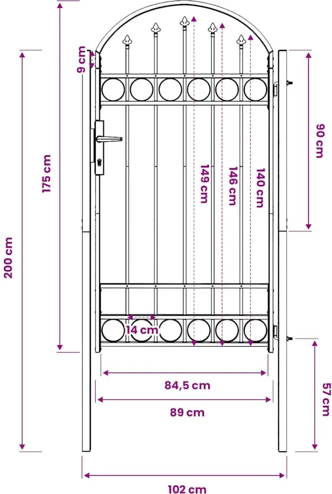 Plotová brána ASSEN s klenutým vrškem ocelová 100 x 175 cm černá 143087