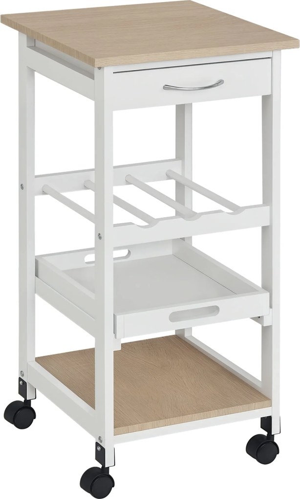 HOMCOM Kuchyňský vozík 4-patrový s kolečky a zásuvkami, regály a stojanem na víno pro kuchyň, obývací pokoj nebo jídelnu 37x37x76 cm Bílý | Aosom