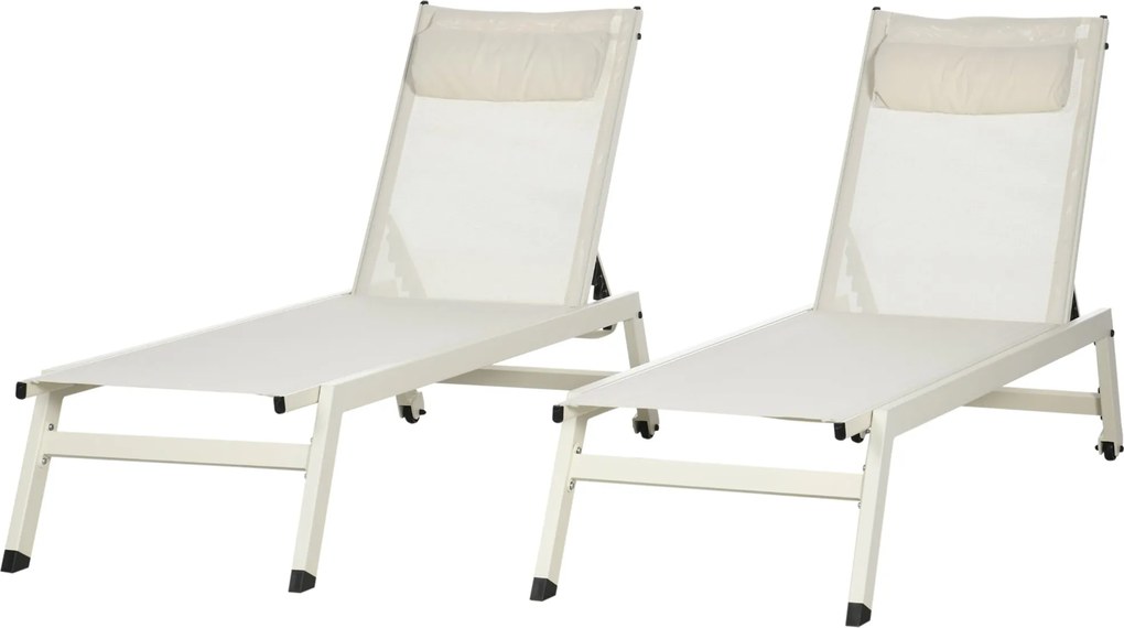 Outsunny Hliníkový a Polyesterový Sluneční Lehák Set 2 Kusy Béžový pro Zahradu s 5 Úrovněmi Polohování, 55x195x30 cm | Aosom