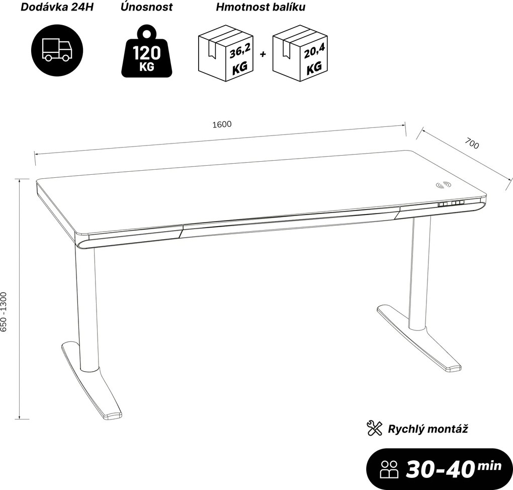 Elektrický psací stůl sit-stand se zásuvkou a bezdrátovou nabíječkou Qi bílý/zlatý dub, 1600 mm: ELLIS