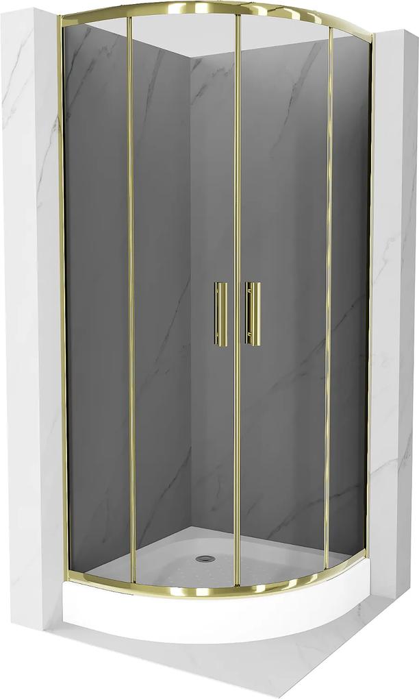 Mexen Rio, čtvrtkruhový sprchový kout s posuvnými dveřmi 90 (dveře) x 90 (dveře) x 190 cm, 5mm šedé sklo, zlatý profil + bílá sprchová vanička RIO, 863-090-090-50-0-4710