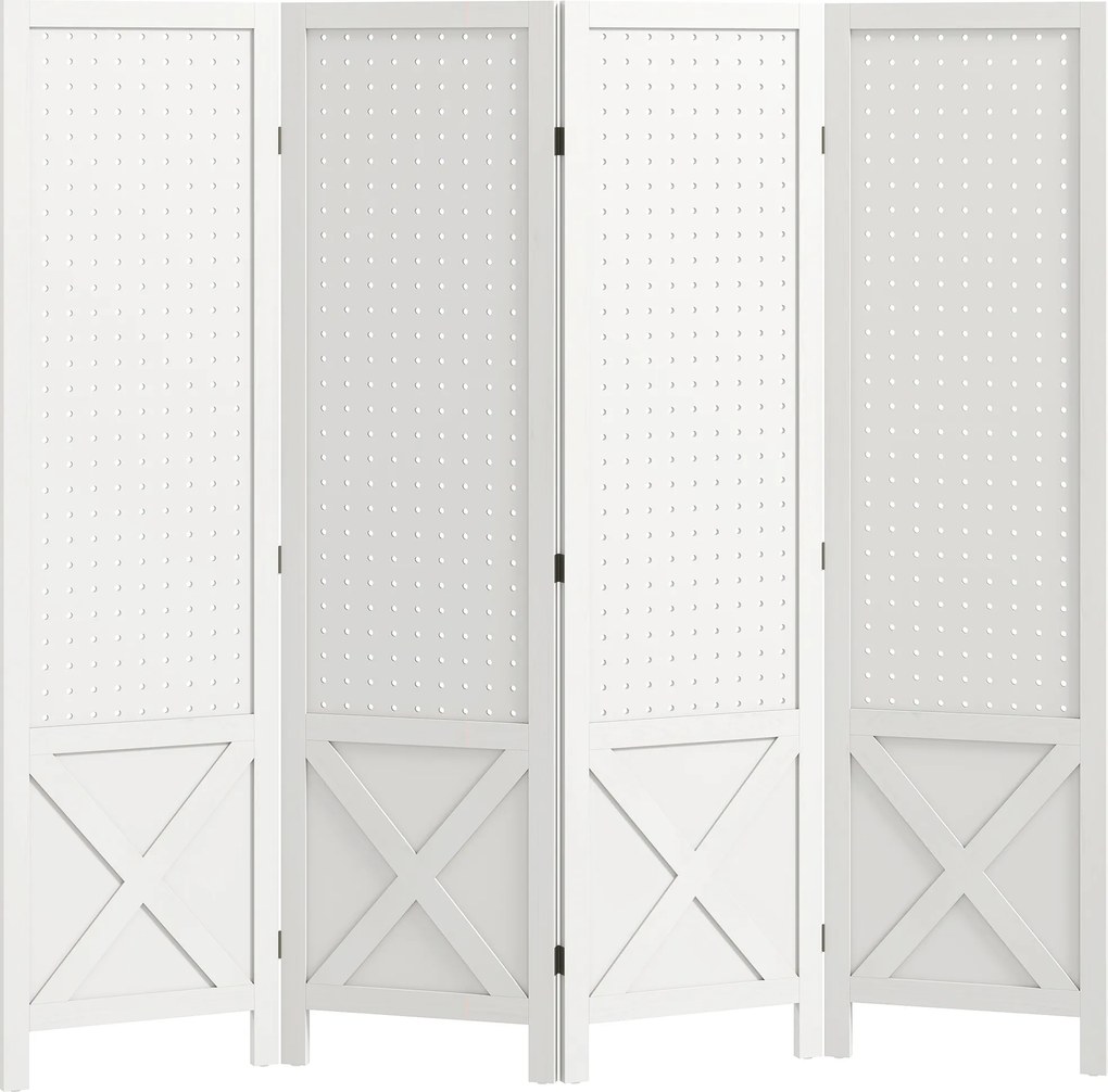 HOMCOM vnitřní paraván ze dřeva, 4 panely, skládací příčka, děrovaný panel, 152 x 1,7 x 144,5 cm, bílá