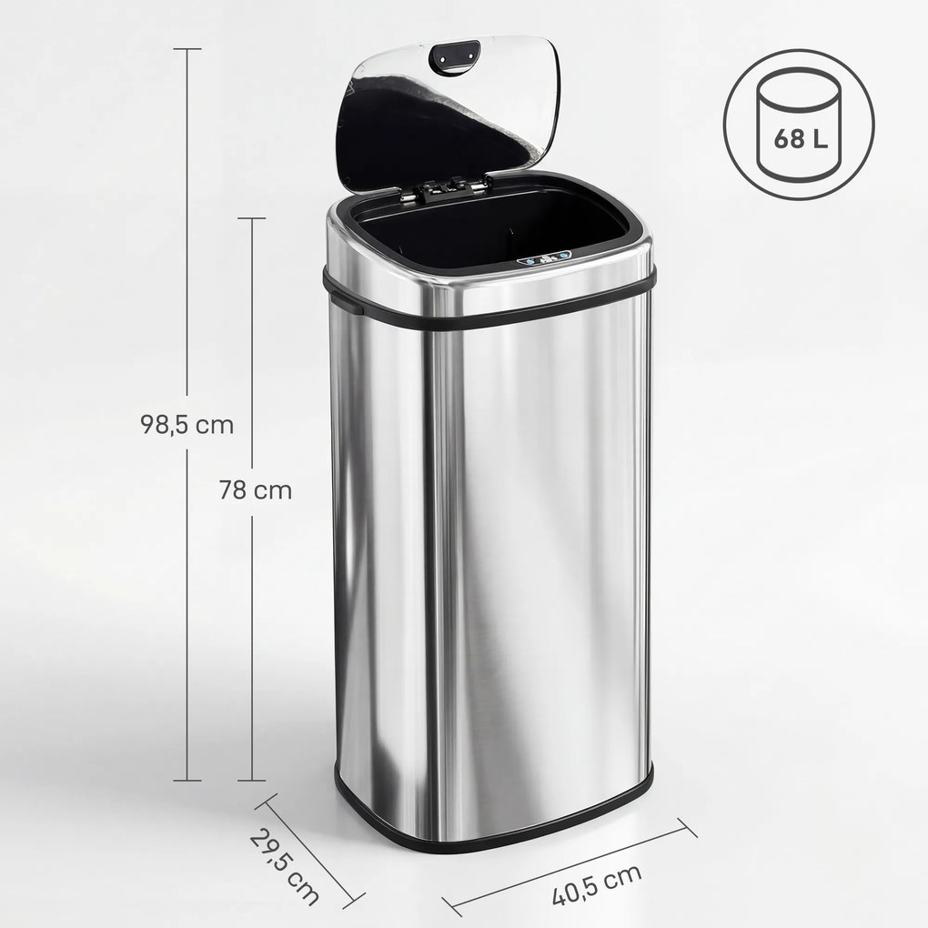 HOMCOM Automatický odpadkový koš se senzorem, kuchyňský, nerez, stříbrný, 68L| Aosom