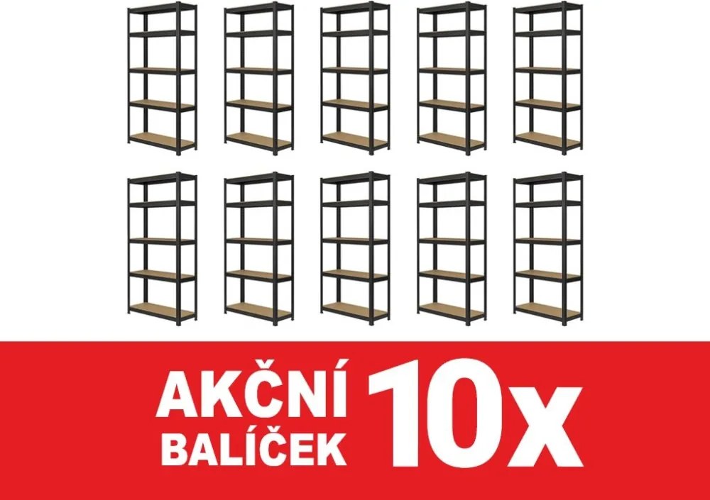 Akce 10x Regál 180x90x30 cm lakovaný 5-policový, nosnost 875 kg - černý