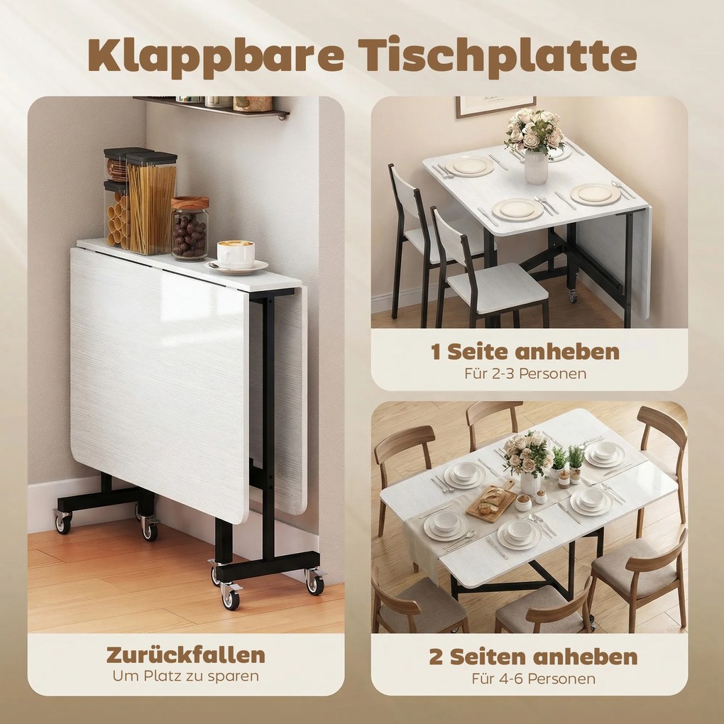 HOMCOM skládací jídelní stůl pro 4–6 osob s kolečky, ocelové nohy — úspora místa, mobilní stůl do malé kuchyně, 120 x 80 x 73 cm, bílý