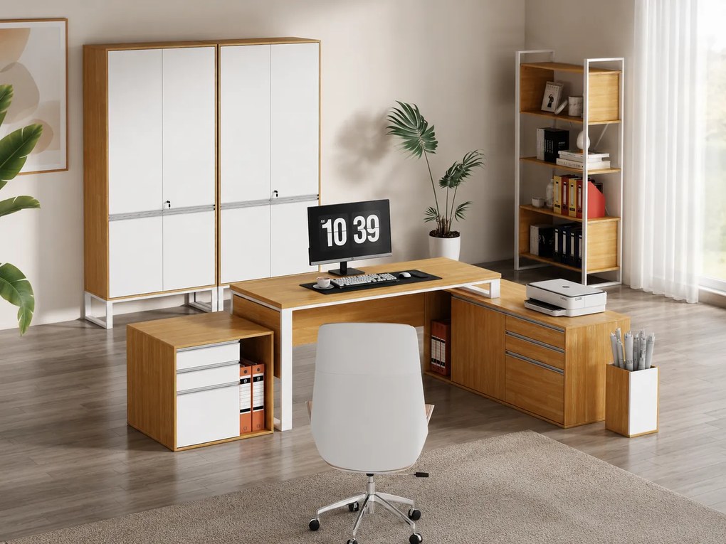 Rohový kancelářský stůl s komodou Houseland Nuvia Home 04 194 cm dub/bílý