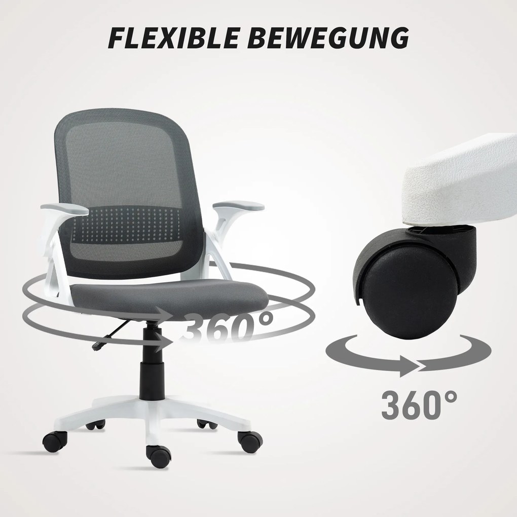HOMCOM ergonomická síťovaná kancelářská židle se sklápěcími područkami, bederní oporou, výškově nastavitelná otočná židle s náklonem, šedá