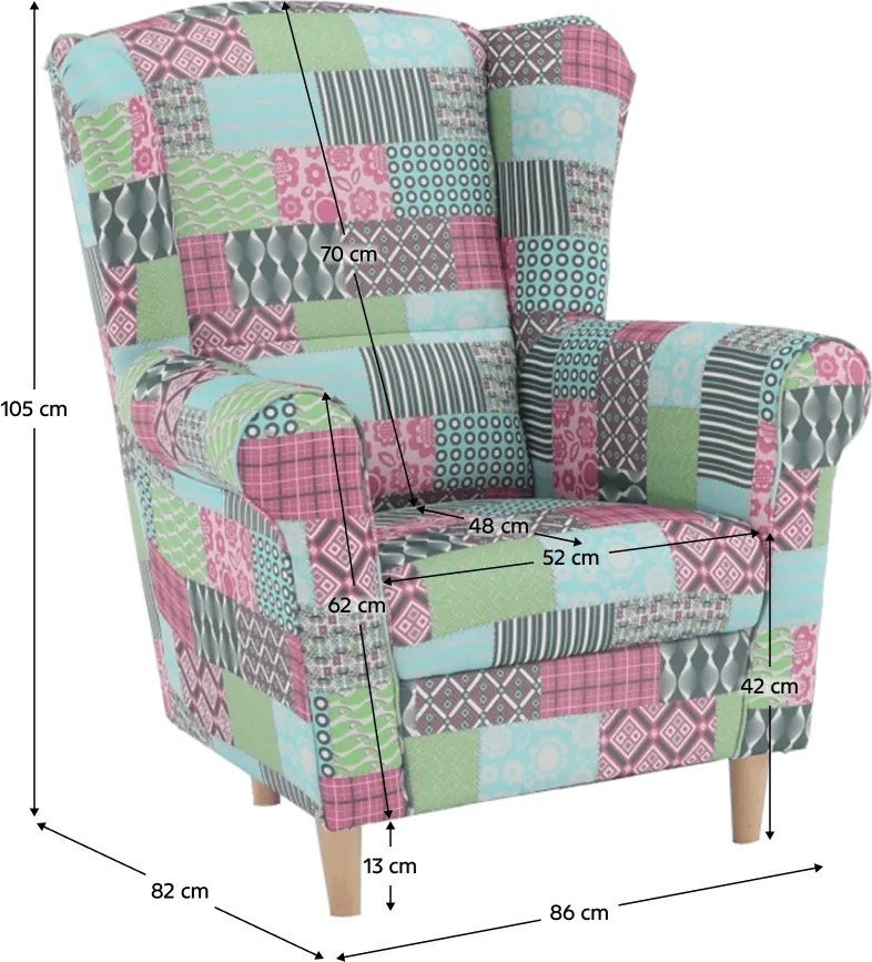 relaxační křeslo, ušák, dřevo/látka, nohy světlé/potah patchwork M1, Tempo Kondela CHARLOT