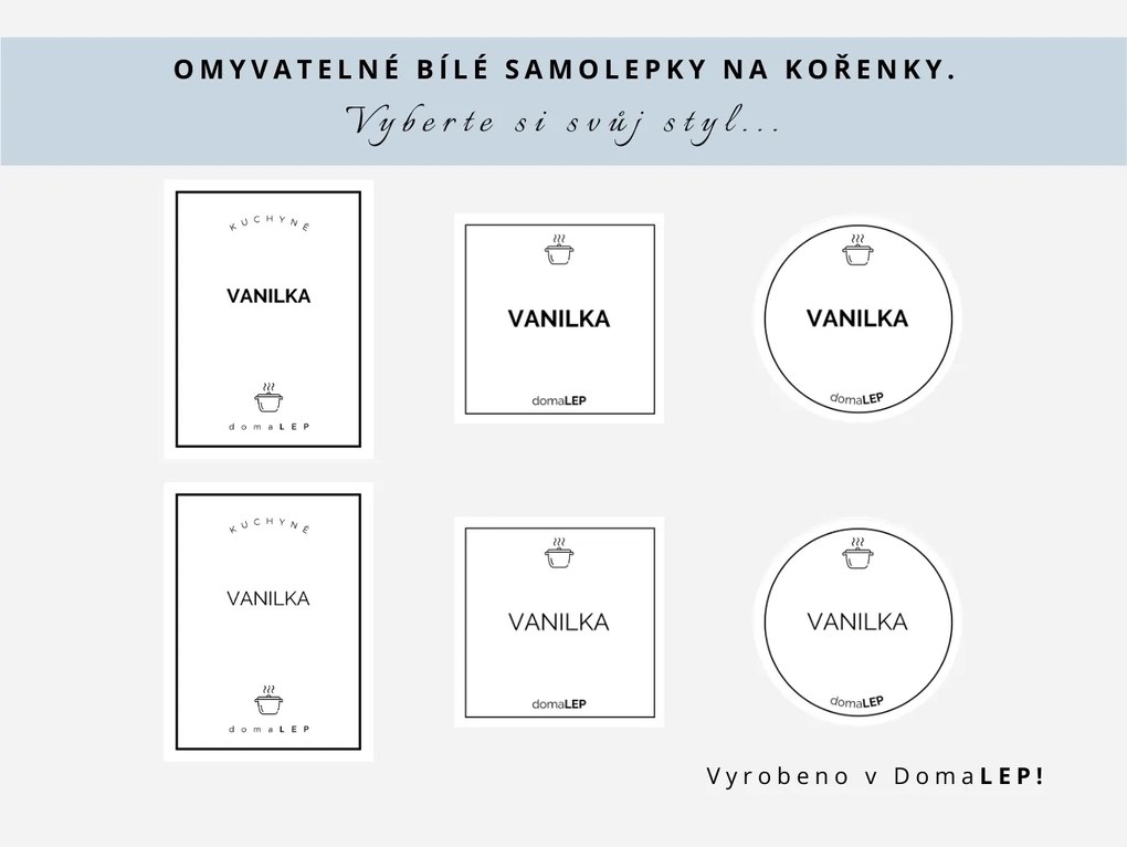 VANILKA - omyvatelná samolepka na kořenky, výběr rozměrů Ø 5 cm / 5 x 5 cm / 6 x 8 cm | DomaLEP tvar: KOLEČKO, barva: BÍLÁ - ČERNÉ písmo, velikost: Ø 5 cm - základní písmo