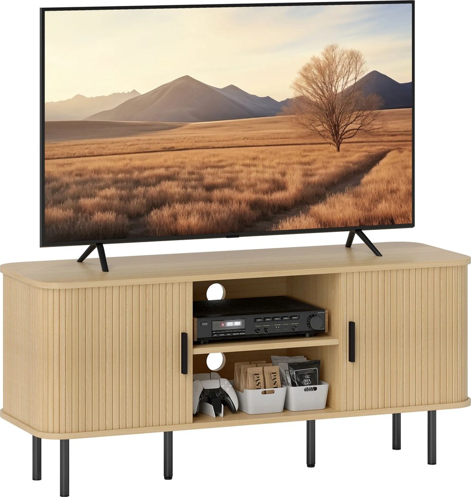 HOMCOM Vintage TV stolek do obývacího pokoje s 2 posuvnými dvířky a 2 otevřenými policemi pro TV s úhlopříčkou až 140 cm 120x40x55 cm Dub | Aosom