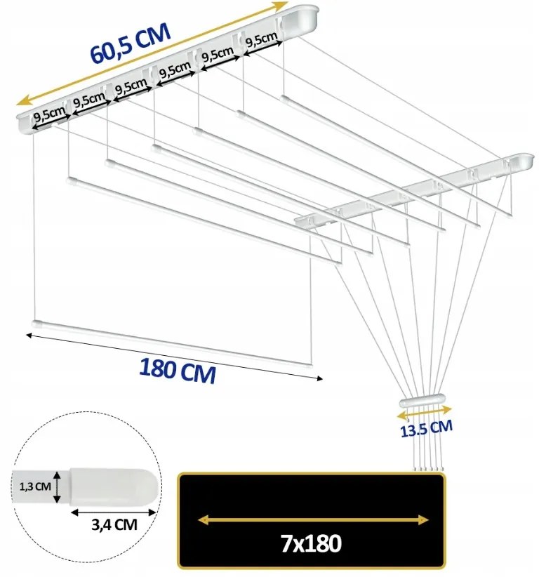 Erga Erga, stropní věšák na sušení prádla 7x180 cm, bílé, ERG-SEP-10SUSSUF1807P