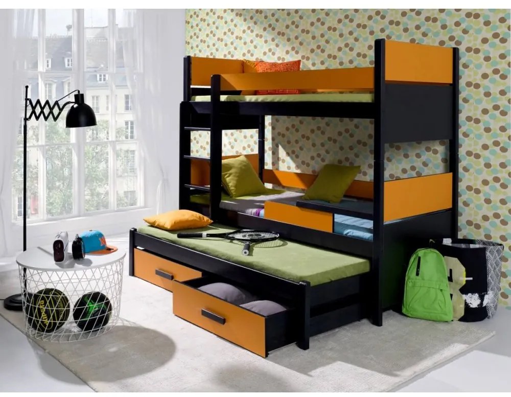 Poschoďová postel s přistýlkou a úložným prostorem pro 3 děti August, masiv borovice MEBLOBED