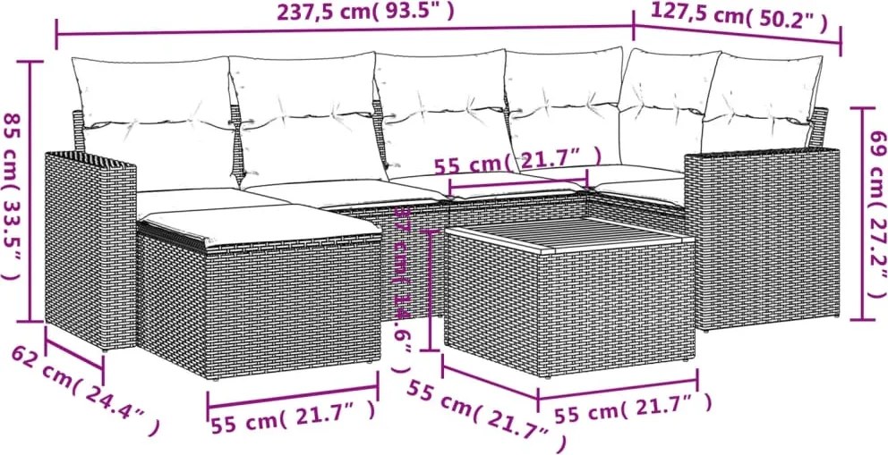 7dílná zahradní sedací souprava s poduškami černá polyratan 3224221