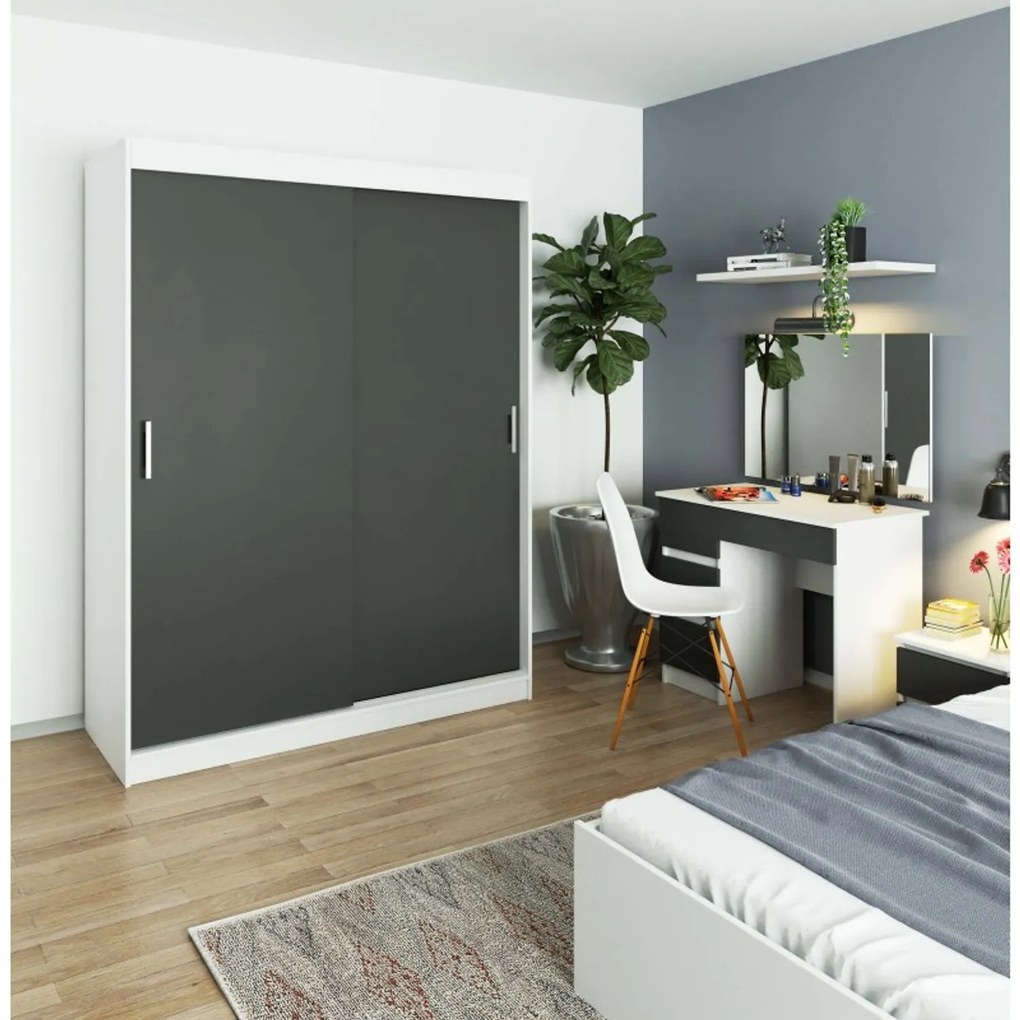 Šatní skříň posuvná 150 cm CLP MONO - bílá/šedá