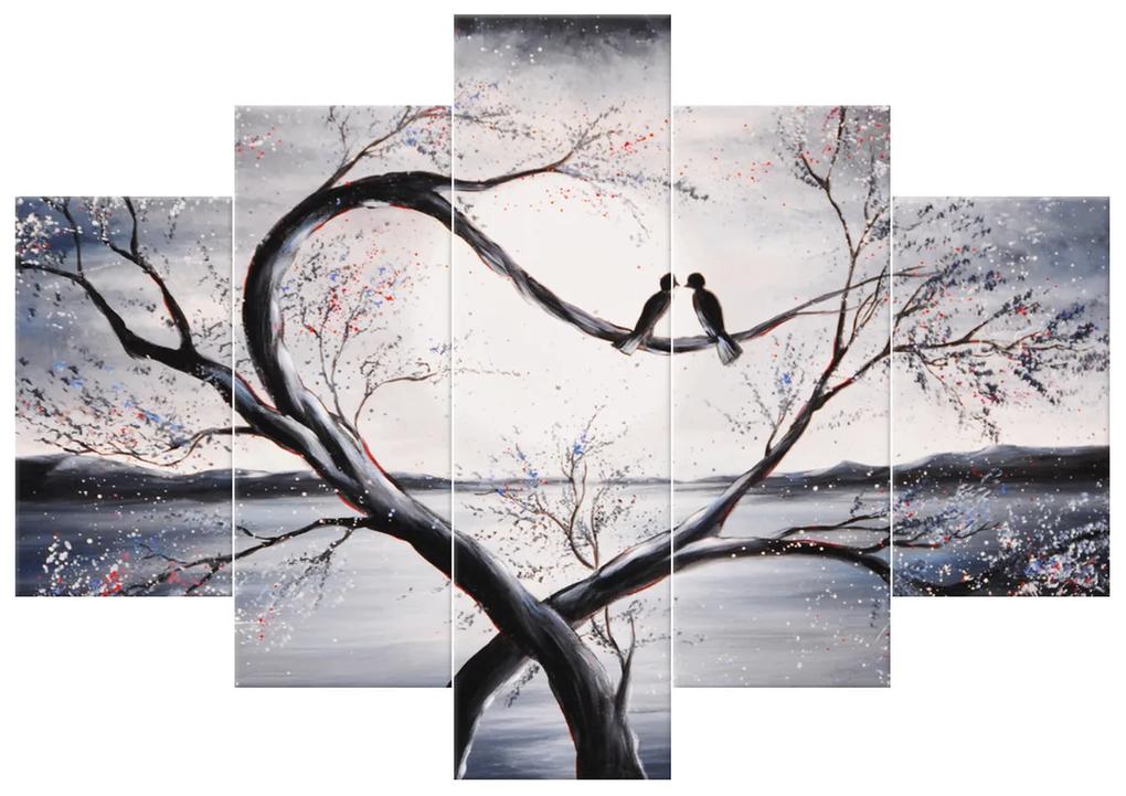 Gario Ručně malovaný obraz Ptačí láska na větvi - 5 dílný Rozměry: 150 x 105 cm