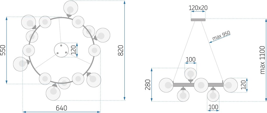 Toolight - závěsné svítidlo skleněné koule 15xG9 40W APP906-15CP, černá, OSW-04034