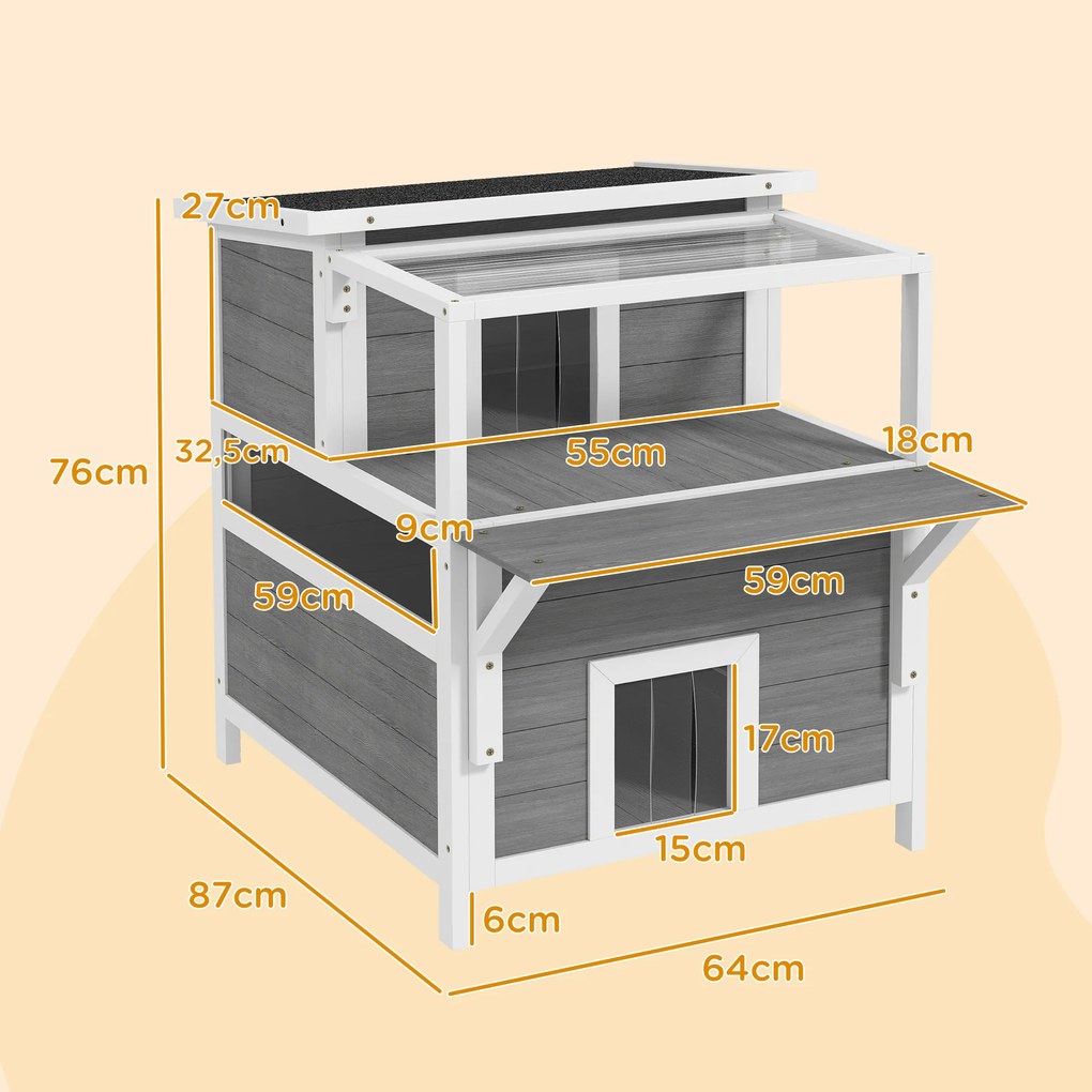 PawHut kočičí jeskyně, kočičí bouda z jedlového dřeva, kočičí domek s balkonem, vchody, pro kočky do 5 kg, venkovní, 64 x 87 x 76 cm, světle šedá