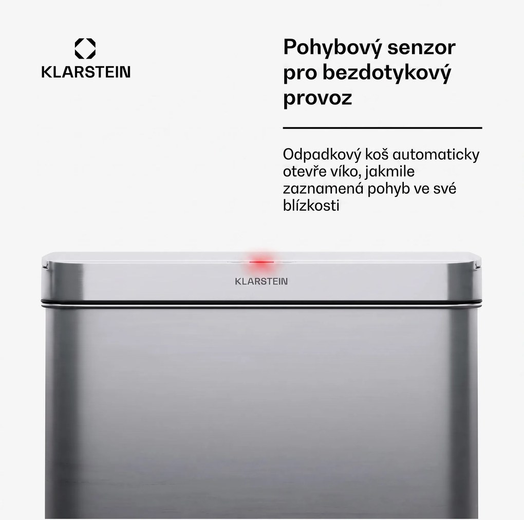 Klarstein Touchless, senzorový odpadkový koš, 50 l, z nerezavějící oceli, Soft-Close zavírání, napájen baterií, LED displej, časovač