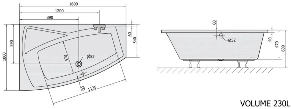 Polysan EVIA L asymetrická vana s konstrukcí 160x100x47cm, bílá, 11711