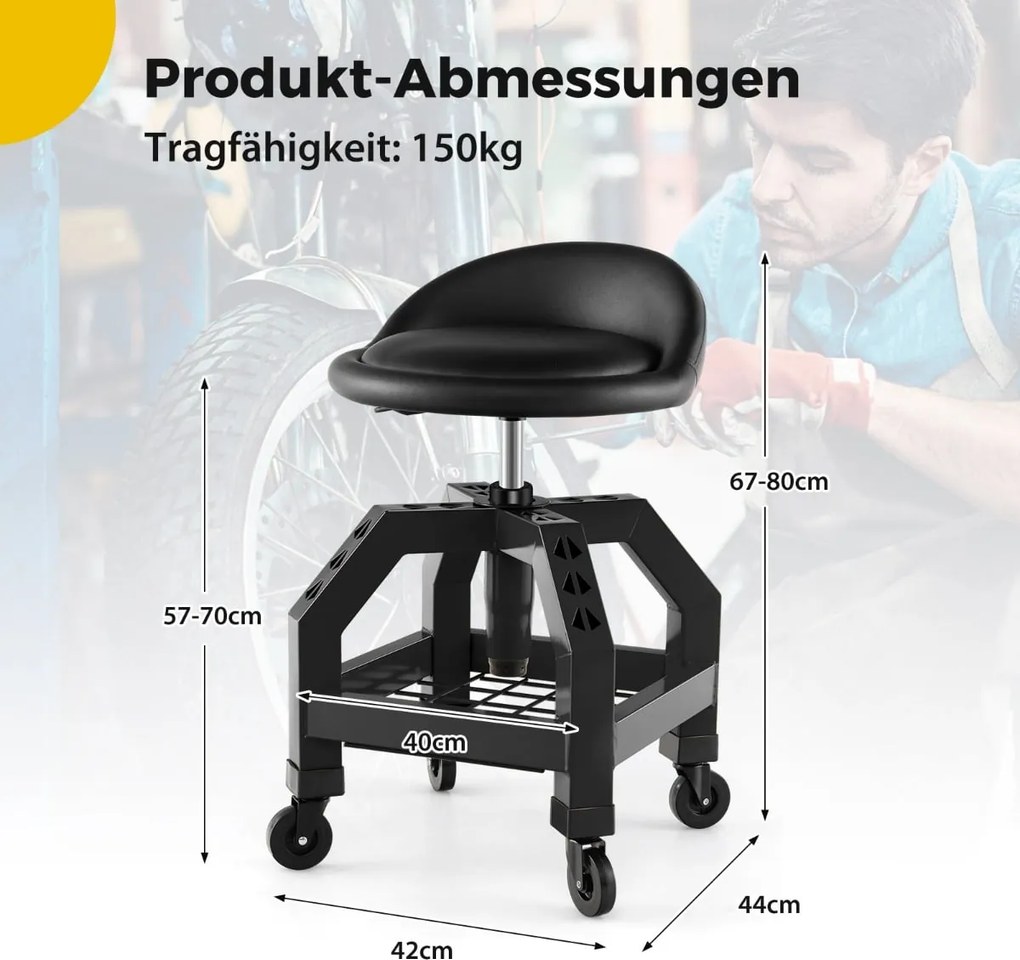 Costway Výškově nastavitelná dílenská stolička nosnost 150 kg s podnosem
