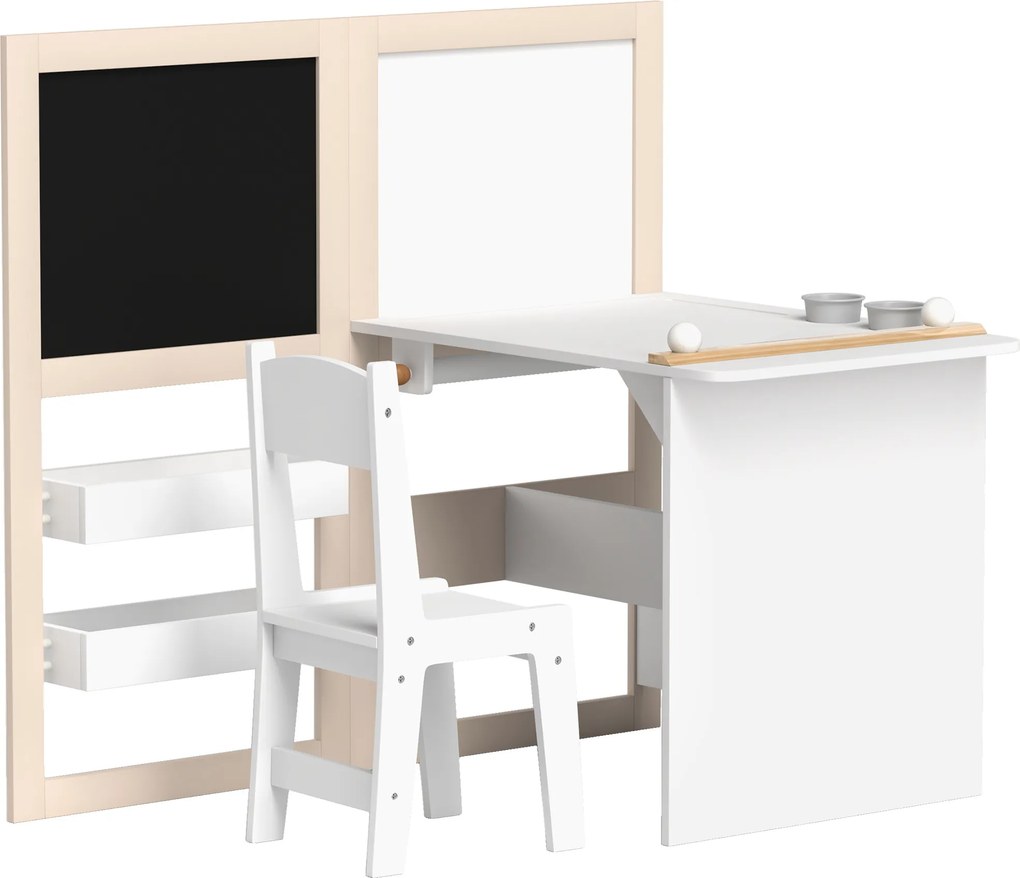 AIYAPLAY Dětský set stolu a židle 2 kusy Dětský stůl se židlí a sklopným easelovým stolem pro děti od 3 let s regály a papírovým rolí do dětského pok…