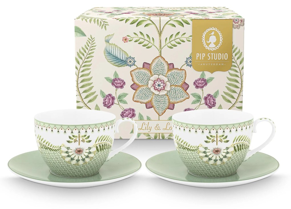 Pip Studio Lily &amp; Lotus sada 2ks cappuccino šálků s podšálky 270ml, zelená (sada 2 cappuccino šálků v dárkovém balení)