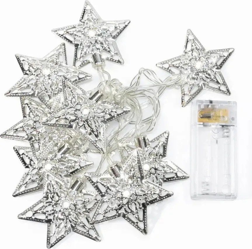 LED světýlka na baterie, 1,3 m, kovové hvězdy, ledově bílá, 10 diod, čirý kabel, IP20 interiér, 2× AA