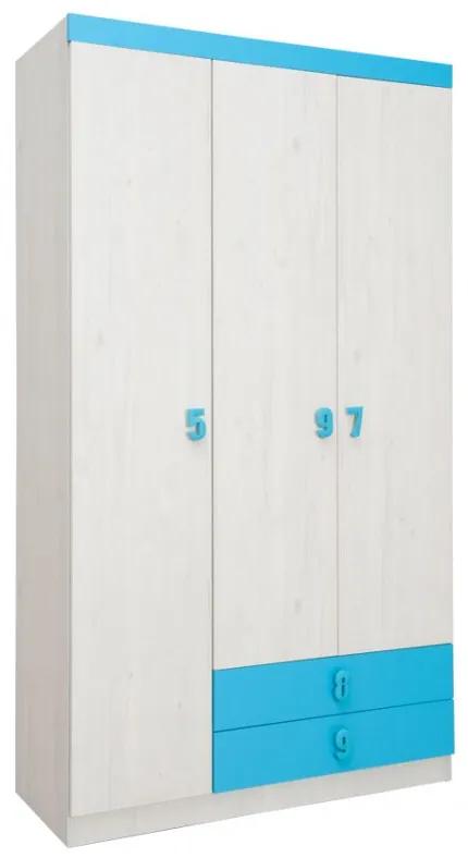 Dětská skříň NUMERO O3V2F - dub bílý/modrá