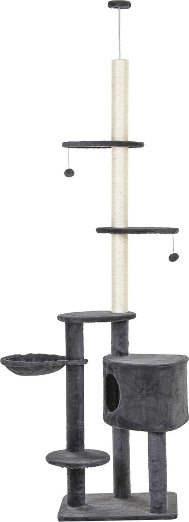 Strom pro kočky PawHut s nastavitelnou výškou H220-265 cm, nosnost do 30 kg, strom pro kočky s bidýlky, hracím míčem a postranním pelíškem, tmavě šed…