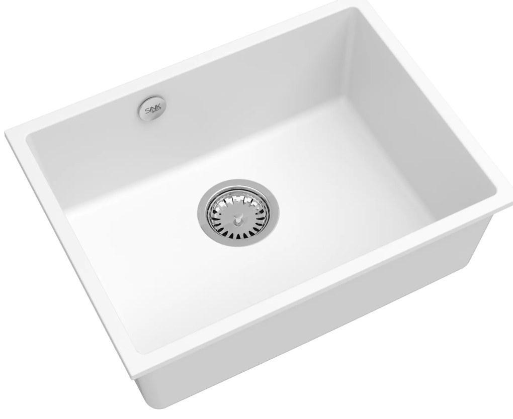 Sink Quality Crypton 60, kuchyňský granitový dřez 535x400x205 mm + chromový sifon, bílá, SKQ-CRY.W.1KBO.60.X