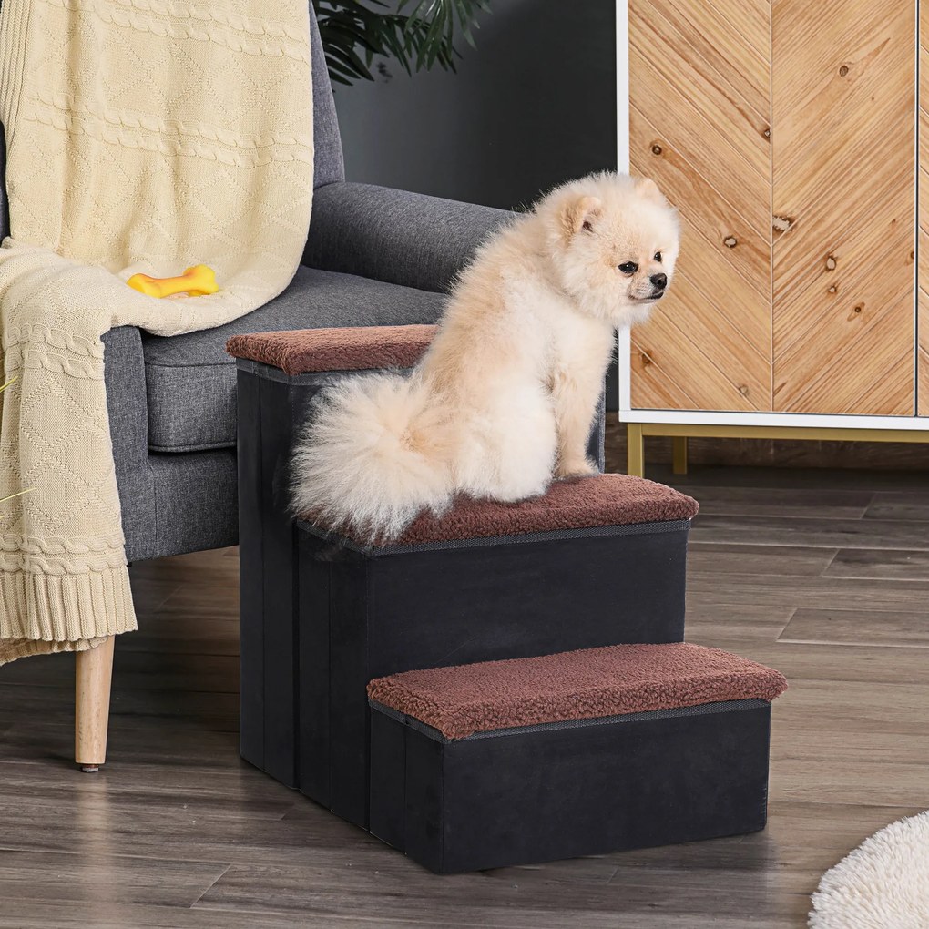 PawHut schody pro domácí mazlíčky skládací schody pro kočky schody pro psy se 3 stupni úložný prostor pro kočky a psy MDF černá 40x54x48cm