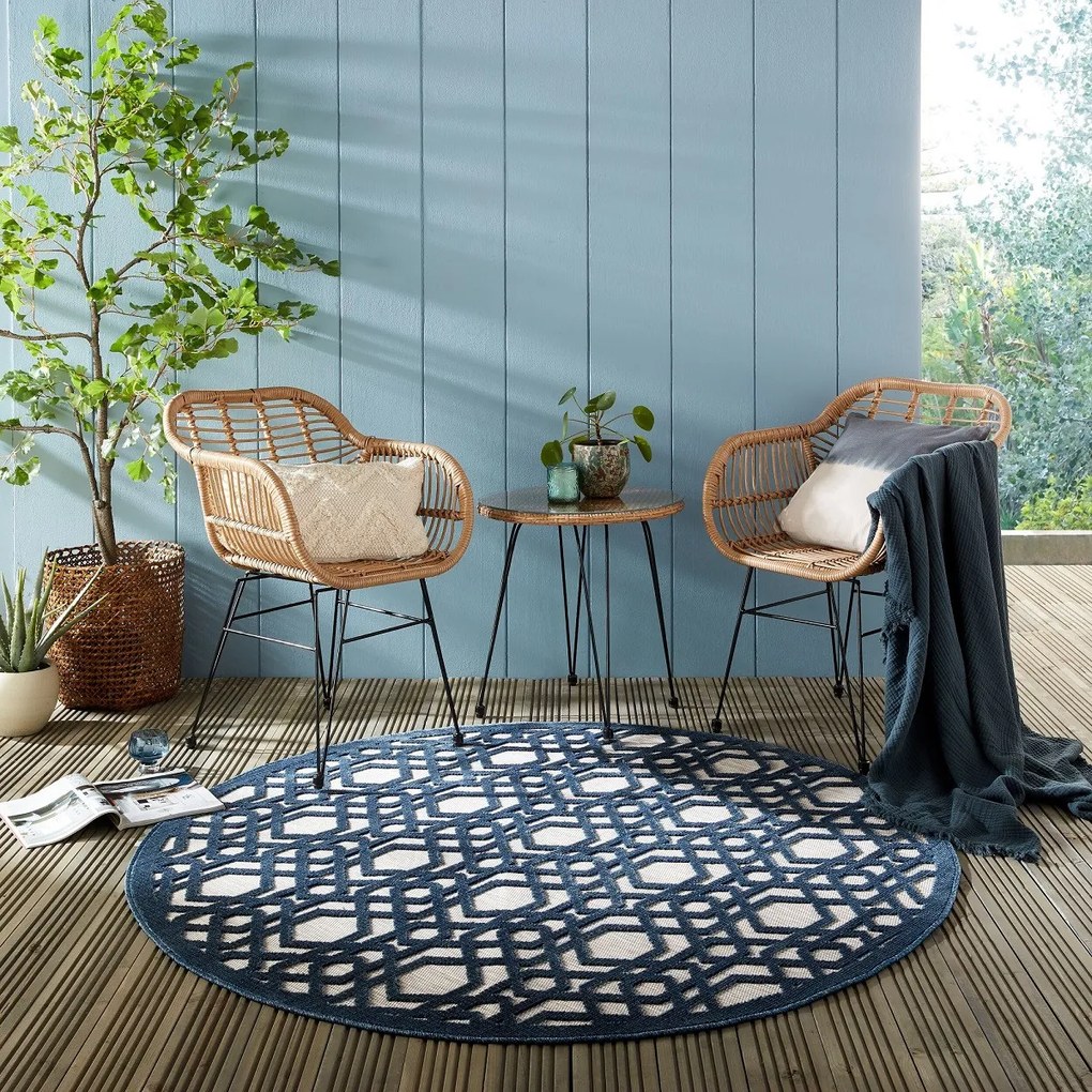 Kusový koberec Piatto Oro Blue kruh – na von aj na doma, 160x160 (priemer) kruh, modrá, chodba / predsieň, Flair Rugs