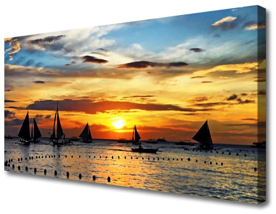 Obraz na plátně Loďky Moře Slunce Krajina 125x50 cm