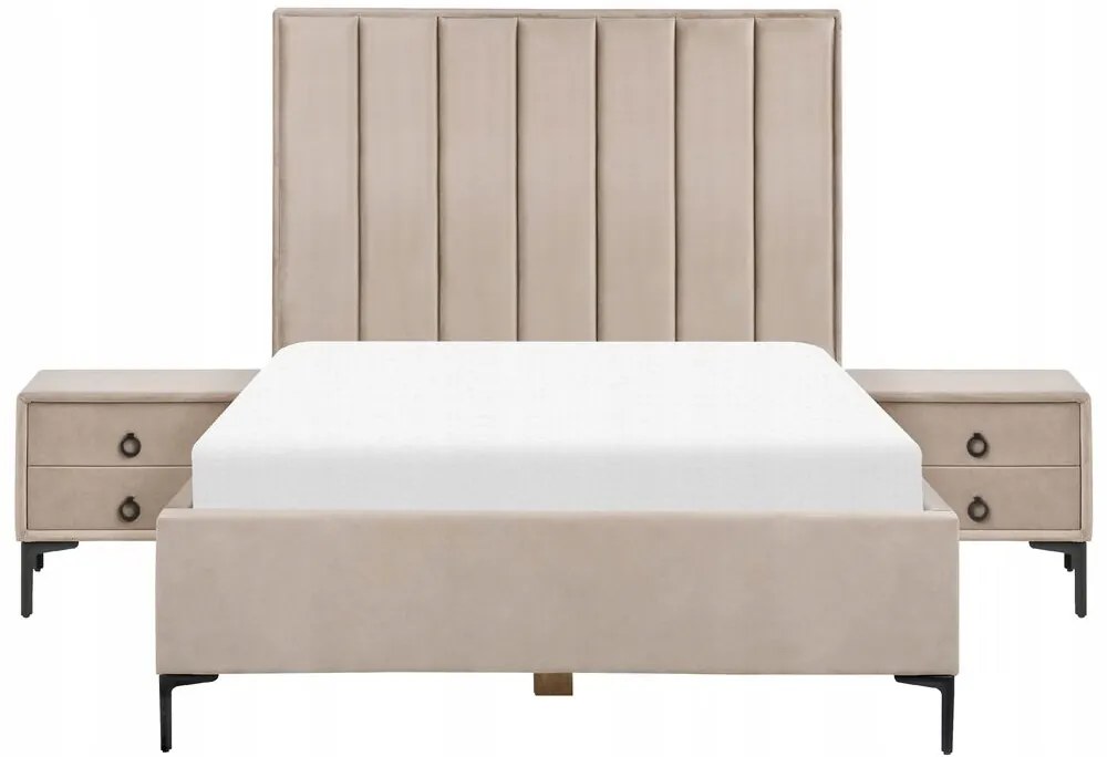 Beliani Sametová sada nábytku postel 140 x 200 cm +2 noční stolky tmavě šedá SEZANN