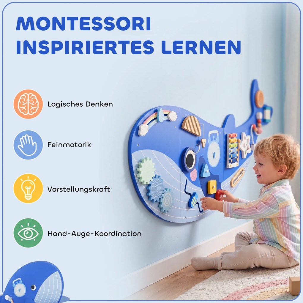 AIYAPLAY Montessori motorická deska 13v1 dřevěné Busy Board ve tvaru velryby, nástěnně montovaná herní deska s xylofonem, hodinami a ozubenými koly