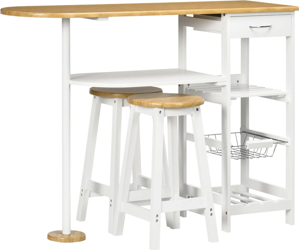 HOMCOM Set barového stolu s 1 zásuvkou, 2 policemi, odnímatelným košíkem a regálem na víno, výška stolu 119x38.5x88.5 cm a 2 stoličky 29x29x55 cm pro