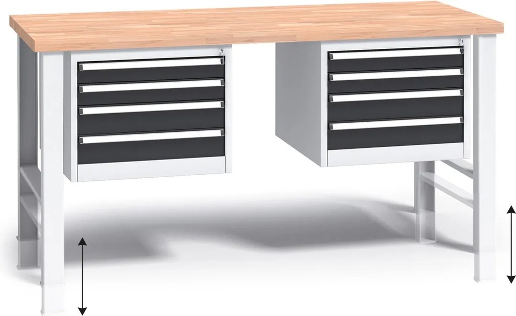 Výškově nastavitelný pracovní stůl do dílny G3 se 2 závěsnými boxy na nářadí, buková spárovka, 8 zásuvek, 1700 x 685 x 840 - 1050 mm, grafit