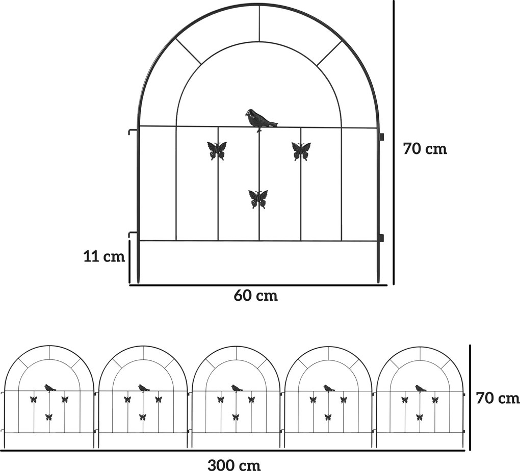 Zahradní plot Ocelový plot 300 cm x 70 cm vysoký Dekorativní mřížový plotový set Plotové prvky černé barvy