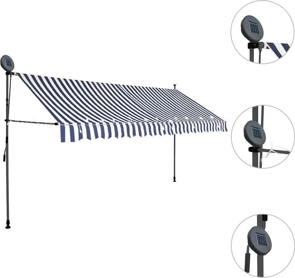 Ručně zatahovací markýza s LED světlem 350 cm modrobílá 145846