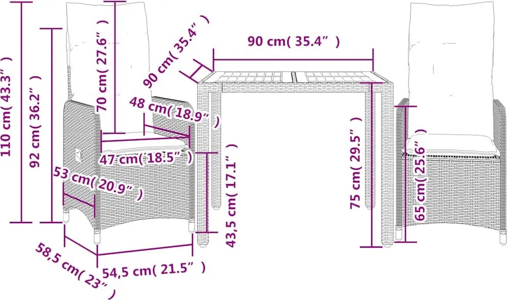 3dílný zahradní bistro set s poduškami černý polyratan 3276975