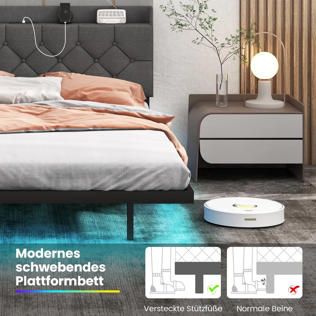 Costway Rám plovoucí postele s LED světly Moderní plošinová s nastavitelným
